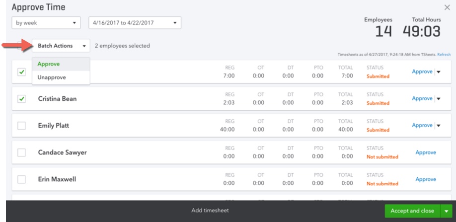 TSheets Help - How to Approve Hours Within QuickBooks Online